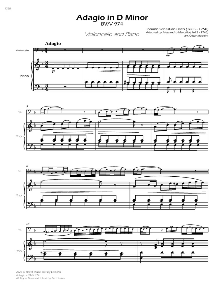 Adagio BWV 974 Cello and Piano Full Score | PDF | Public Domain Music ...