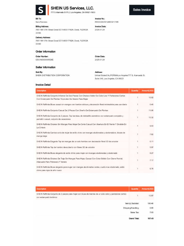 Factura Shein $107.43 | PDF
