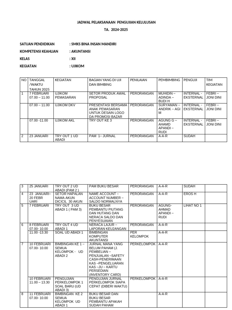 Jadwal Jurusan Akuntansi Ujikom 2025 | PDF