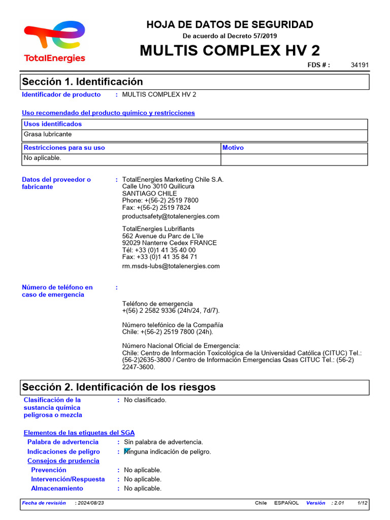 Hoja de Seguridad: Multis Complex HV 2 | PDF | Residuos | Reciclaje