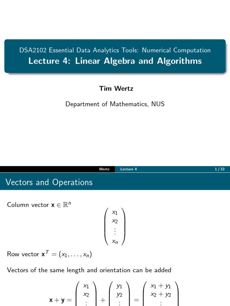 DSA2102 2425s1 Lec4 Handout | PDF | Matrix (Mathematics) | System Of Linear Equations