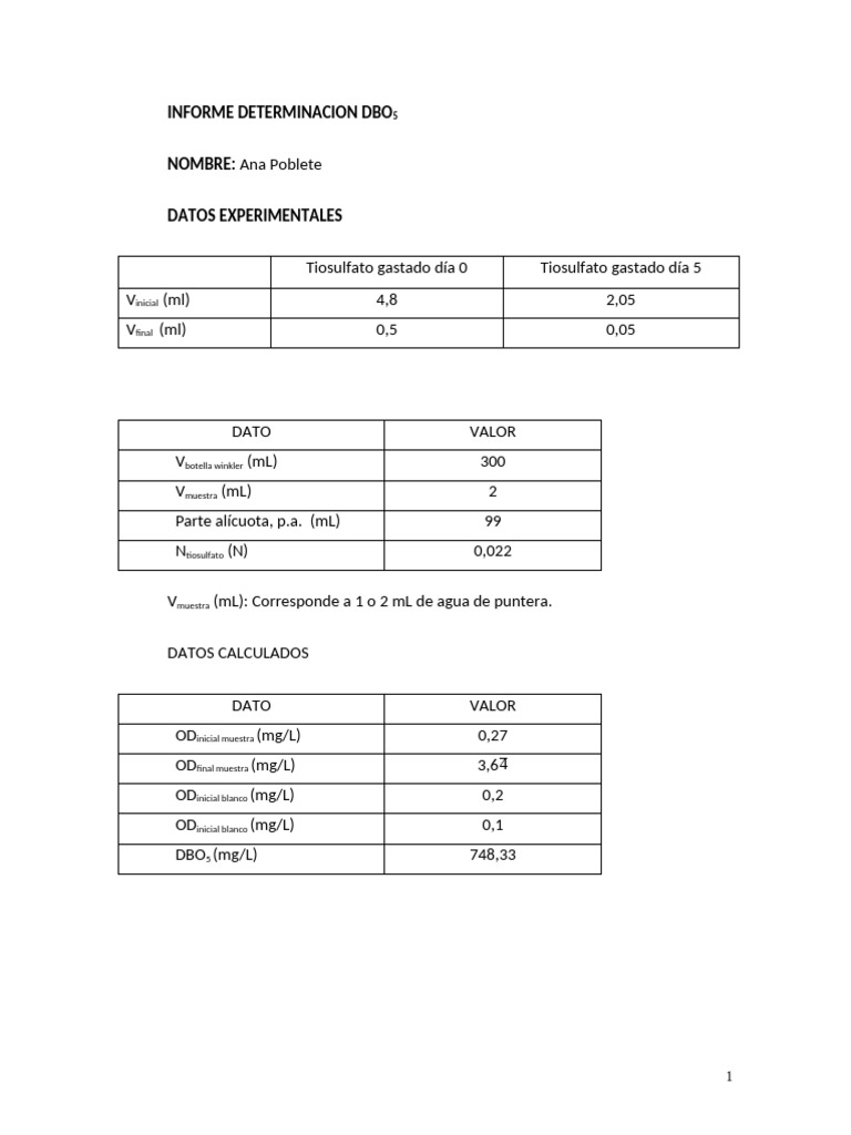 Informe de DBO5: Resultados y Cálculos | PDF
