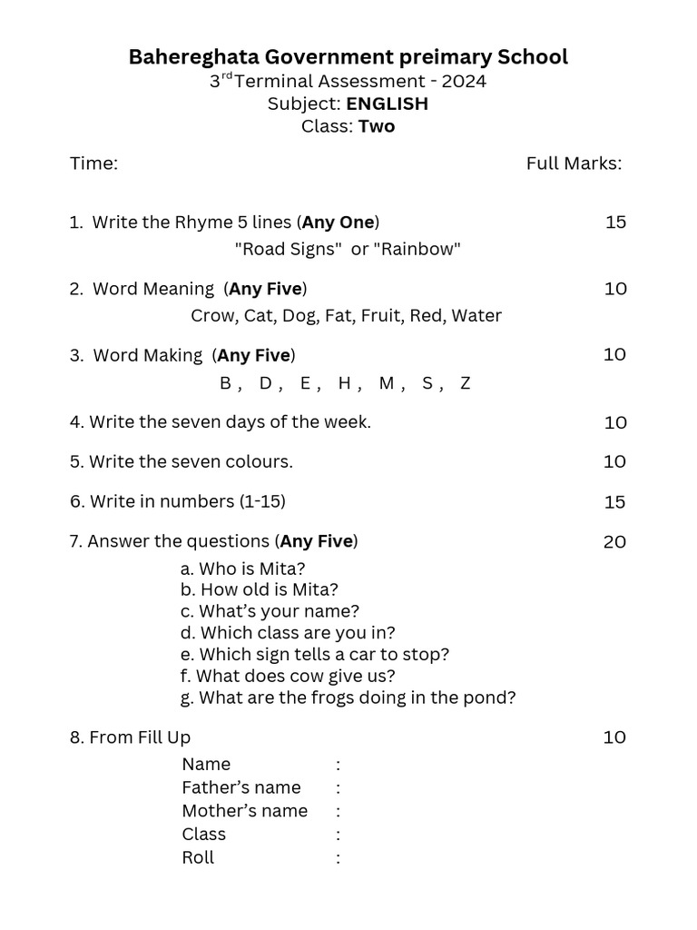 Class 2 English Terminal Assessment 2024 | PDF