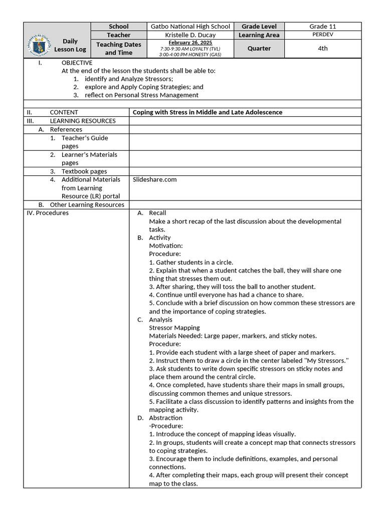 DLL PERDEV February 26 2025 | PDF | Stress (Biology) | Learning