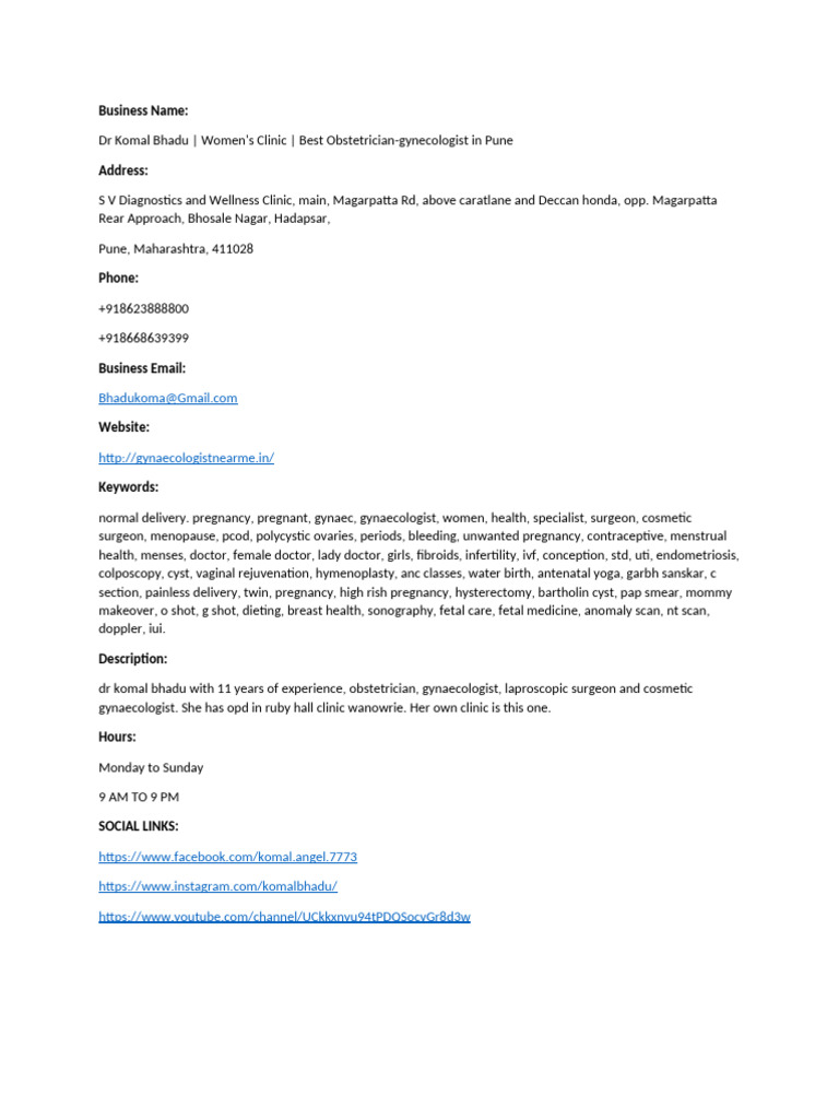 Dr Komal Bhadu Women's Clinic Best Obstetrician-gynecologist in Pune | PDF