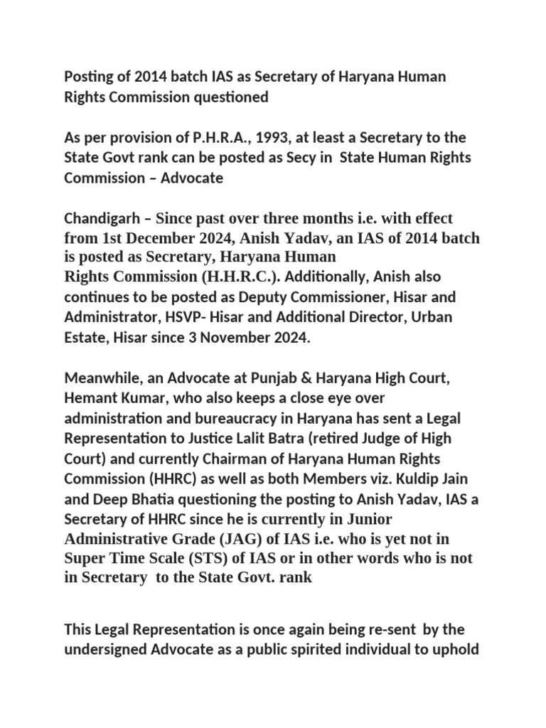 Posting of 2014 batch IAS as Secretary of Haryana Human Rights ... Posting of 2014 batch IAS as Secretary of Haryana Human Rights ...