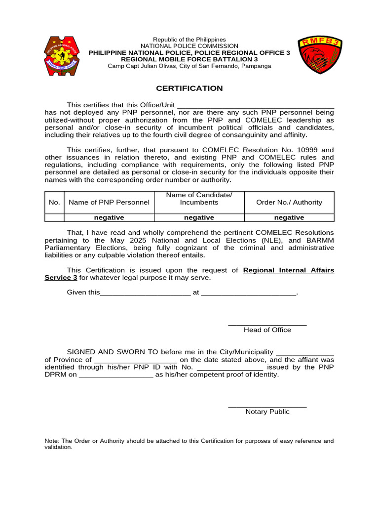 Certification COMELEC Resolution No. 10999 | PDF | Law Enforcement ...