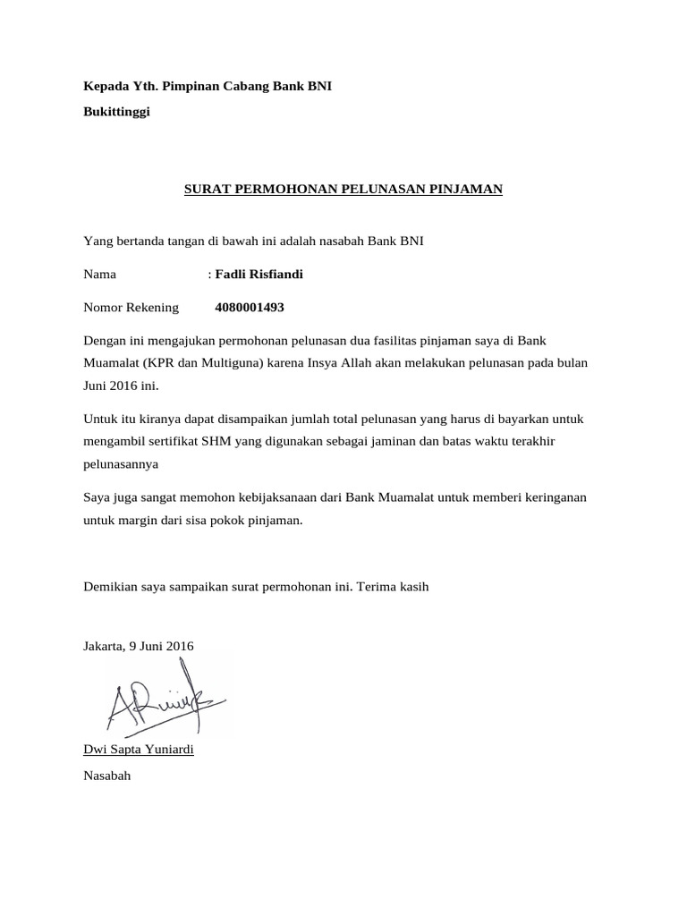 Surat Permohonan Pelunasan KPR | PDF