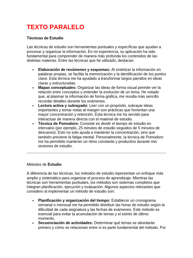 Texto Paralelo | PDF | Habilidades de estudio | Ciencia cognitiva