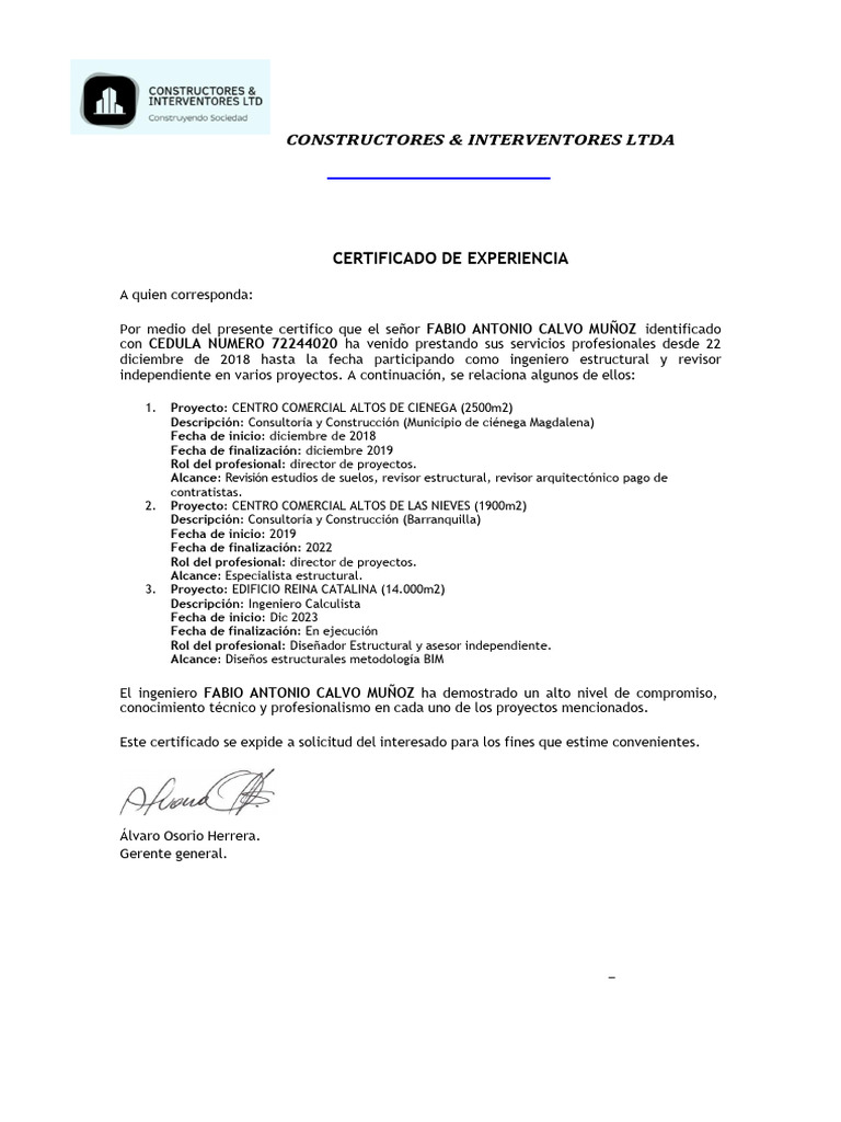 Certificacion Experiencia Fabio Calvo Estructural | PDF