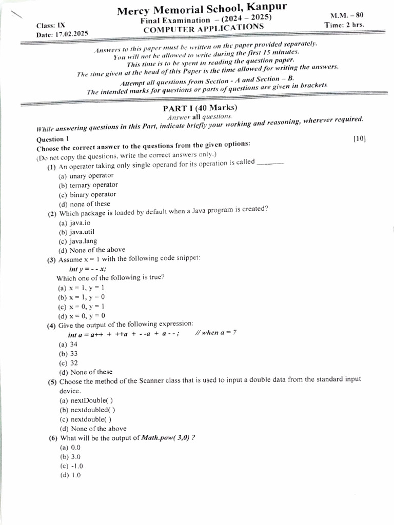 Java Exam Paper for Class IX | PDF | Control Flow | Computer Programming