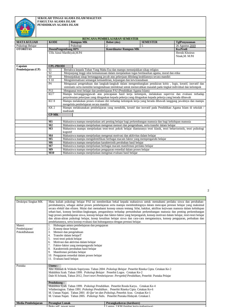 RPS Psikologi Belajar Ulfa Ainul M | PDF
