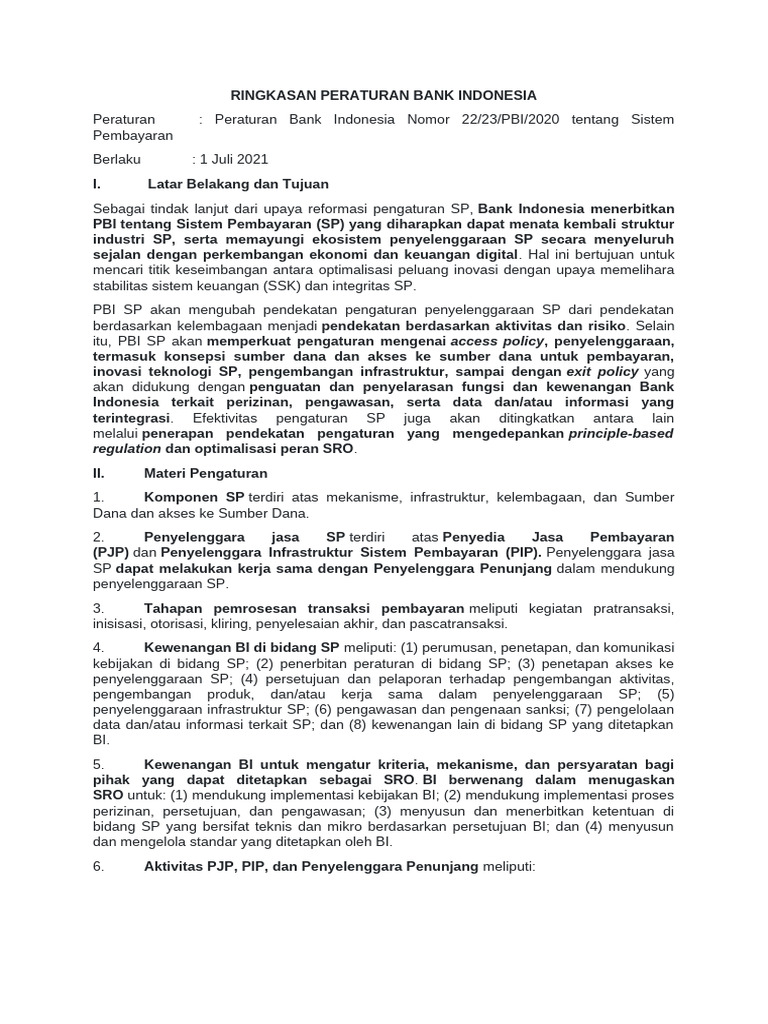 Ringkasan Peraturan Bank Indonesia 22 23 Pbi 2021 | PDF