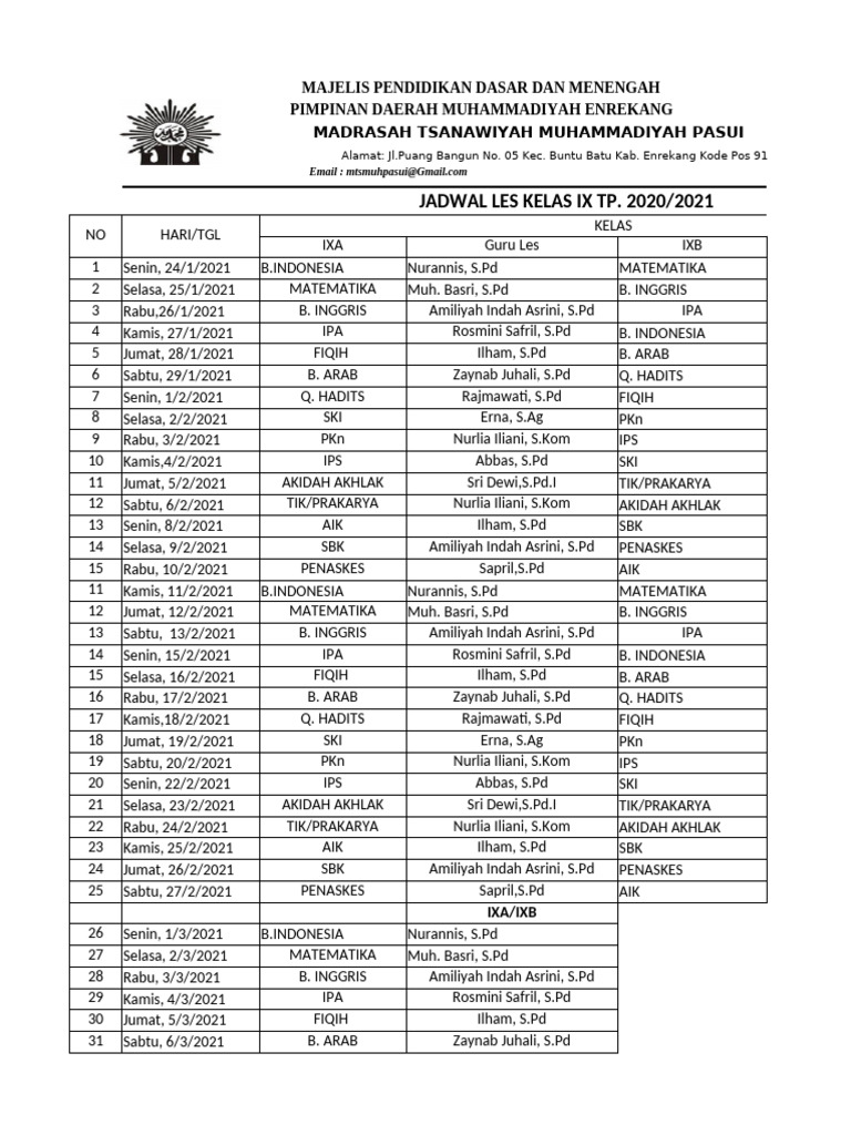 Jadwal Les 2021 | PDF