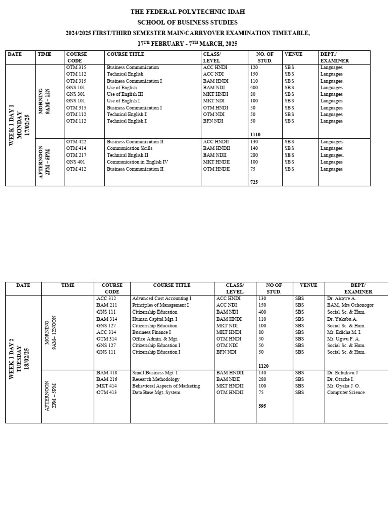 SBS 2024-2025 1st 3rd Sem Exam Timetable | PDF | Business | Business Economics