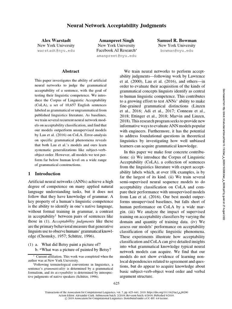 Neural Network Acceptability Judgments 29tbzxmqj1 | PDF | Linguistics | Clause