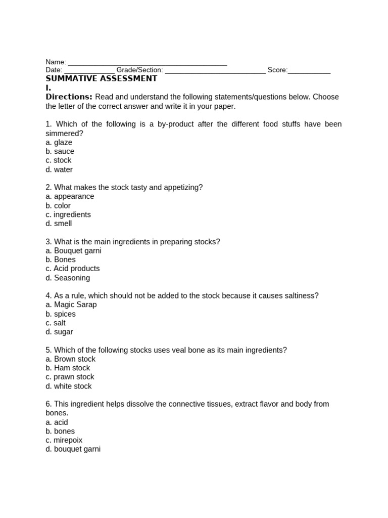 Summative Assessment on Stocks and Soups | PDF | Soup | Stock (Food)