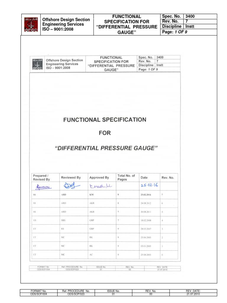 Differential Pressure Gauge Specification | PDF | Specification ...