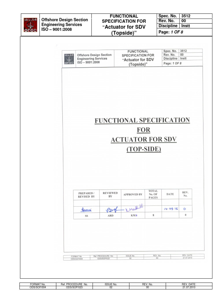 Functional Specification For Actuator For SDV | PDF | Actuator | Valve
