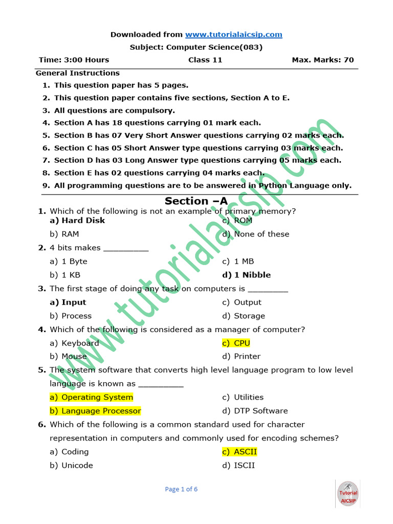 Sample Paper Class XI Half Yearly CS AKjukhnk | PDF | Computer Data Storage | Input/Output