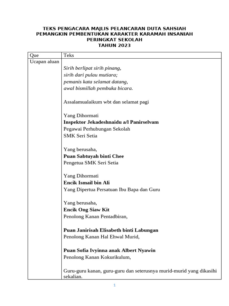 TEKS PENGACARA MAJLIS PELANCARAN Duta Sahsiah | PDF
