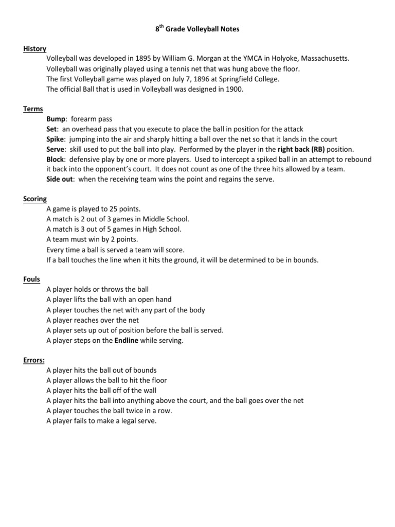 8th Grade Volleyball Notes | PDF | Volleyball | Indoor Sports