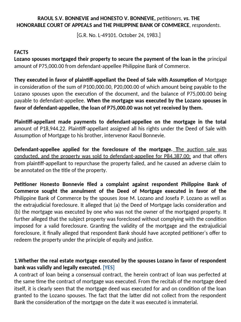 Bonnevie vs. Philippine Bank Foreclosure Case | PDF | Mortgage Law | Foreclosure