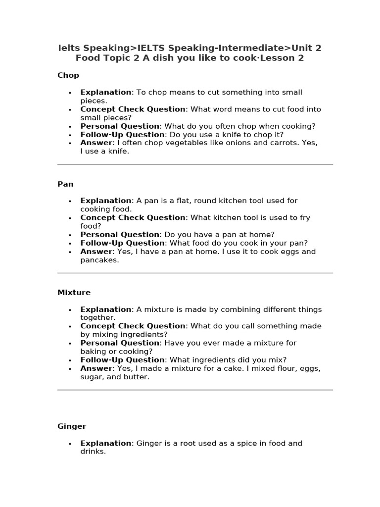 Ielts Speaking-IELTS Speaking-Intermediate-Unit 2 Food Topic 2 A Dish You Like To Cook Lesson 2 ...