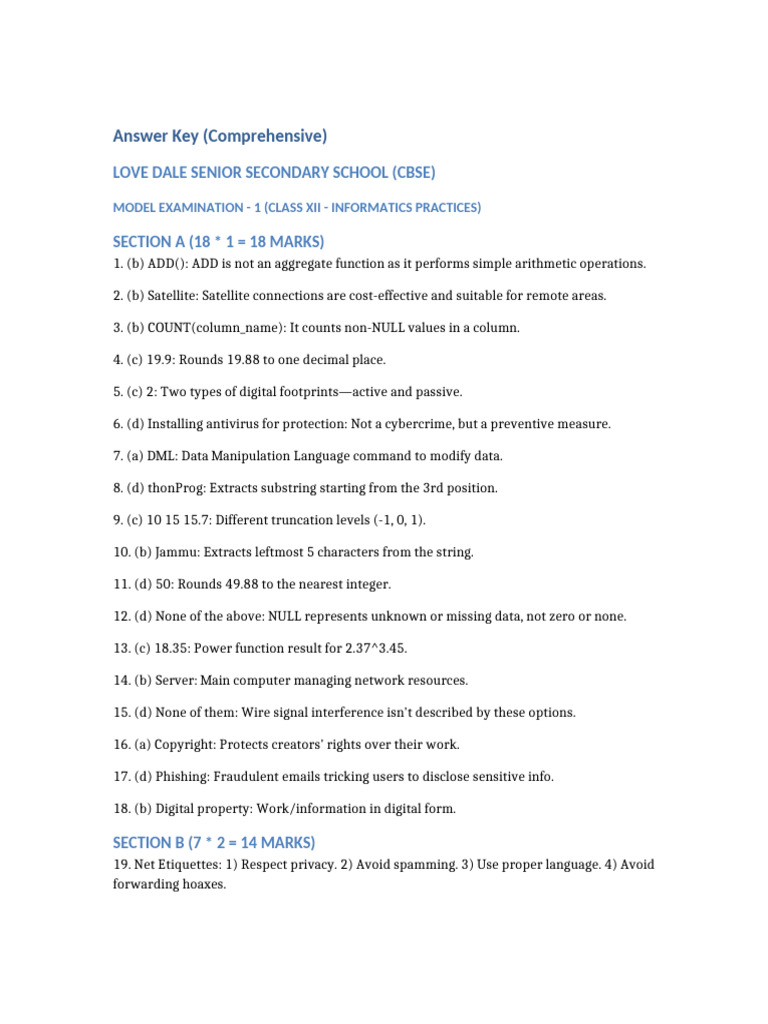 Comprehensive Answer Key Model Exam | PDF | Sql | Computing