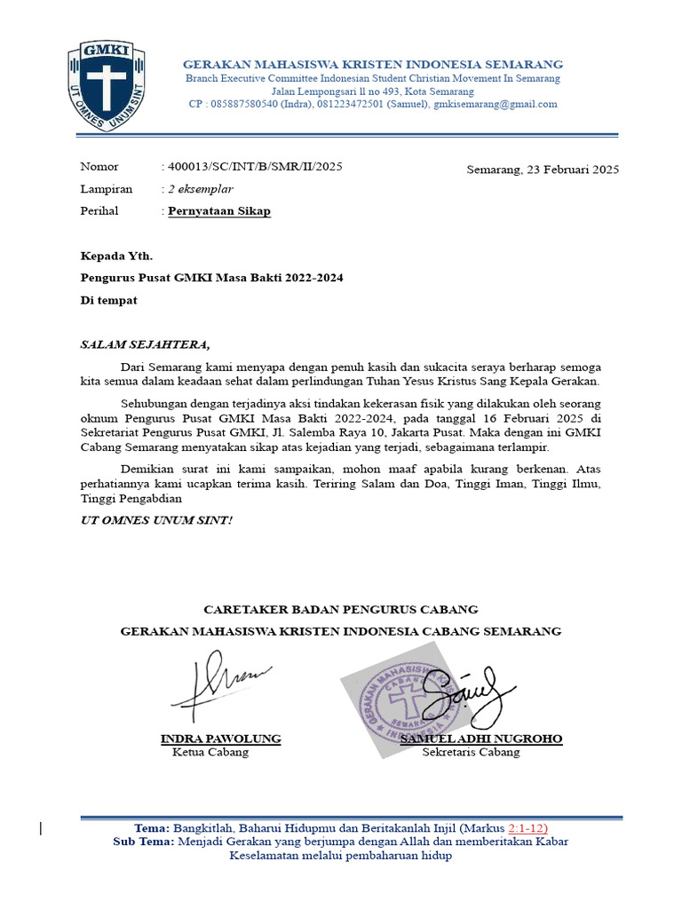 Surat Pernyataan Sikap GMKI Semarang | PDF