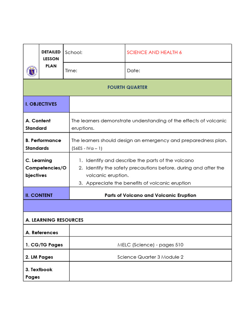 Volcano Eruption Lesson Plan for Grade 6 | PDF | Volcano | Types Of ...