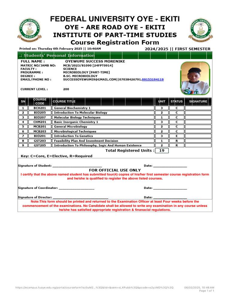 FUOYE Part-Time Course Registration Form | PDF | Biology