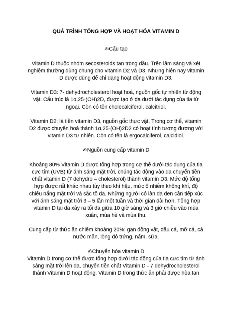QUÁ TRÌNH TỔNG HỢP VÀ HOẠT HÓA VITAMIN D | PDF