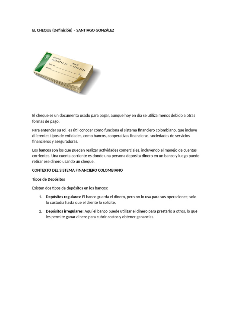 Definición y Uso del Cheque en Colombia | PDF | Bancos | Cheque