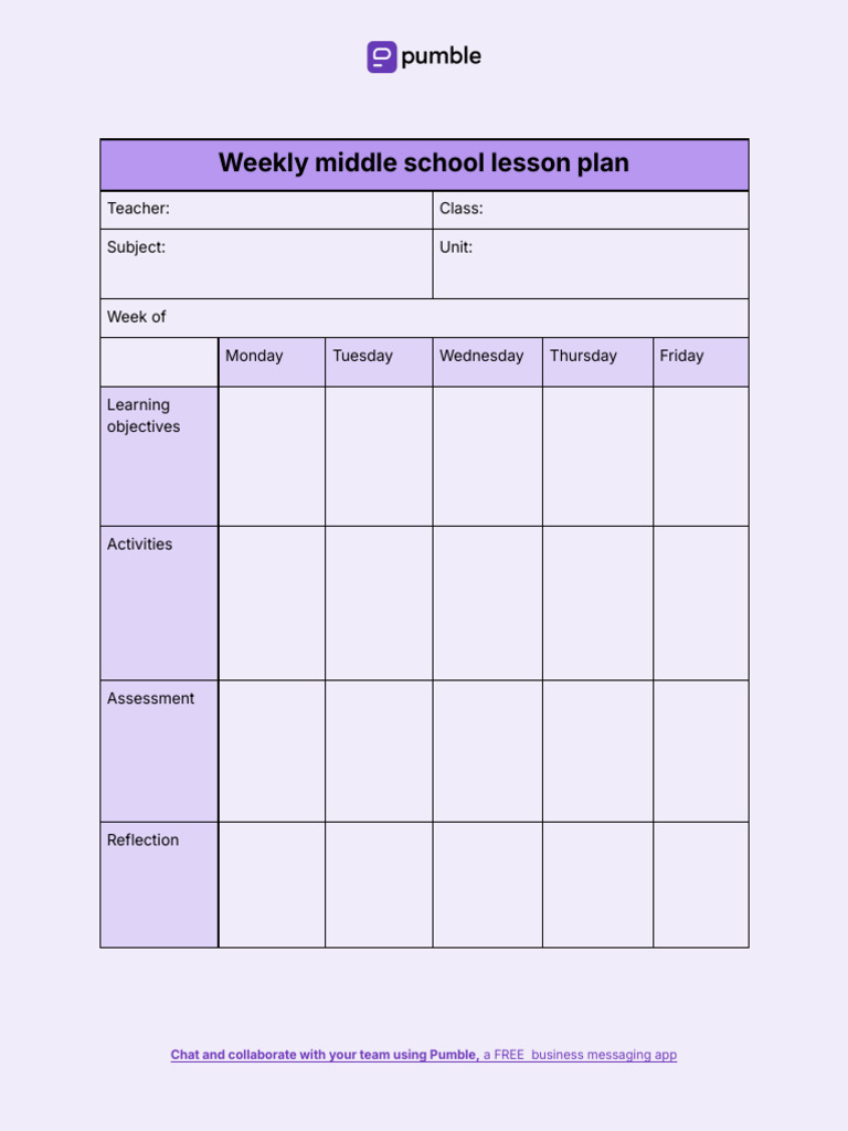 Weekly Middle School Lesson Plan Template | PDF