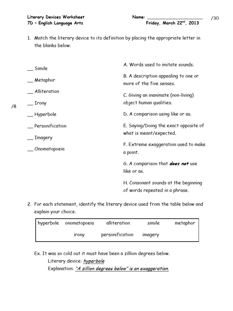 Literary Devices Worksheet | PDF | Linguistics
