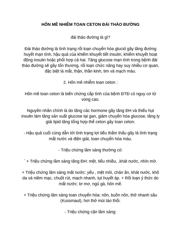 Hôn Mê Nhiễm Toan Ceton Đái Tháo Đường | PDF