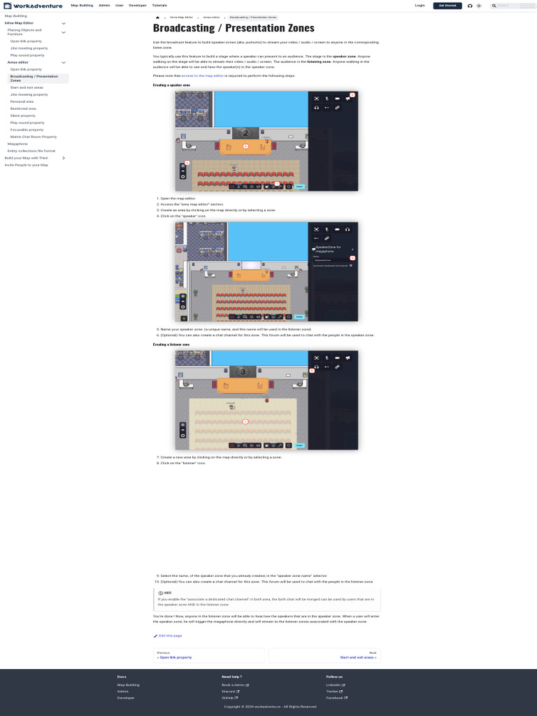 Broadcasting - Presentation Zones - WorkAdventure Documentation | PDF | Software | Computing