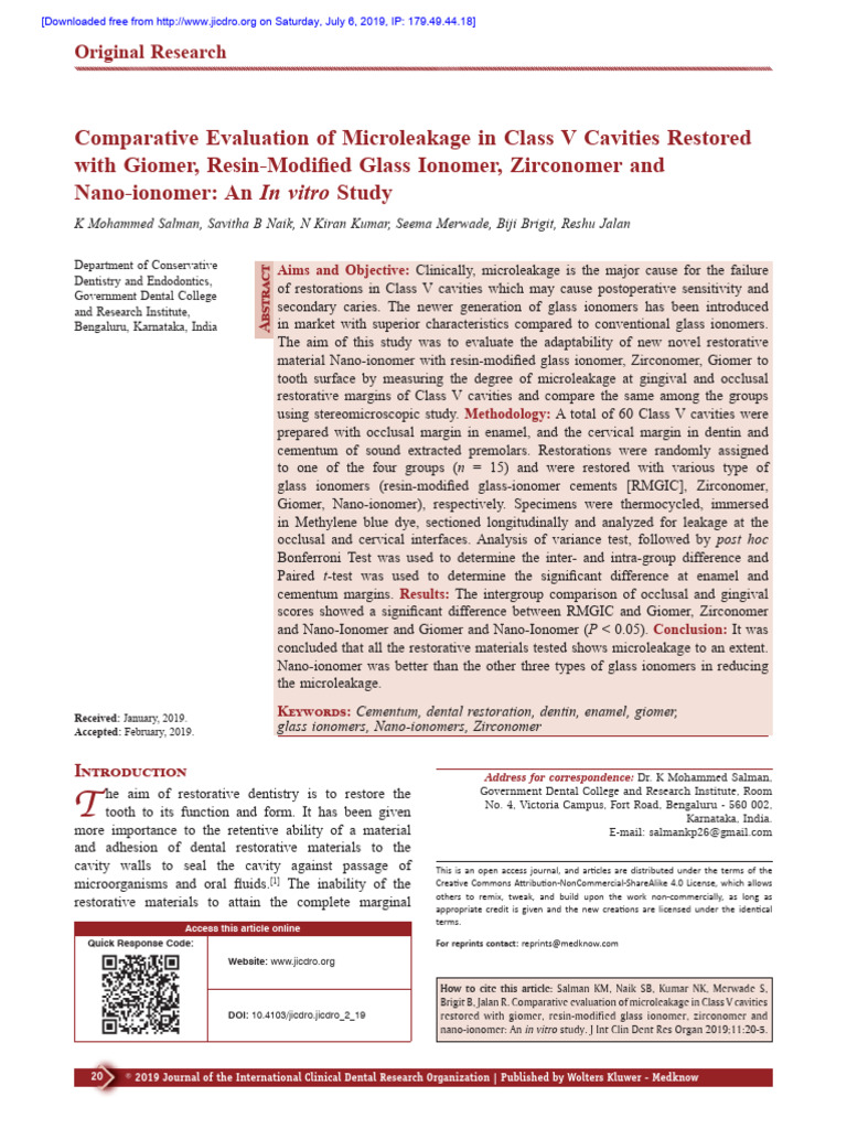 Comparative Evaluation Of Microleakage In Class V Pdf Tooth Enamel Mouth
