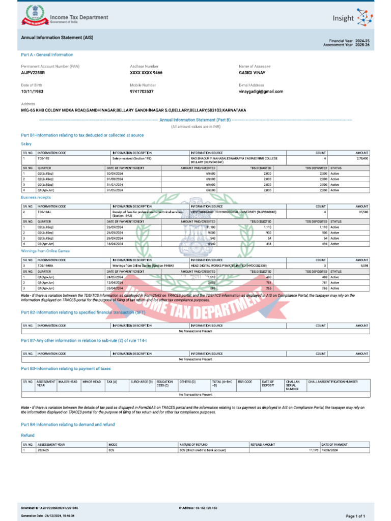 Vinay Gadigi AIS 2024-25 | PDF