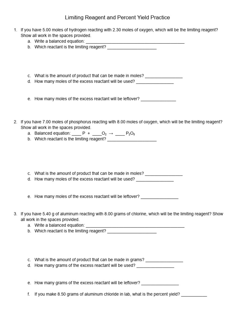 Limiting Reagent and Percent Yield Practice | PDF | Atoms | Unit Processes