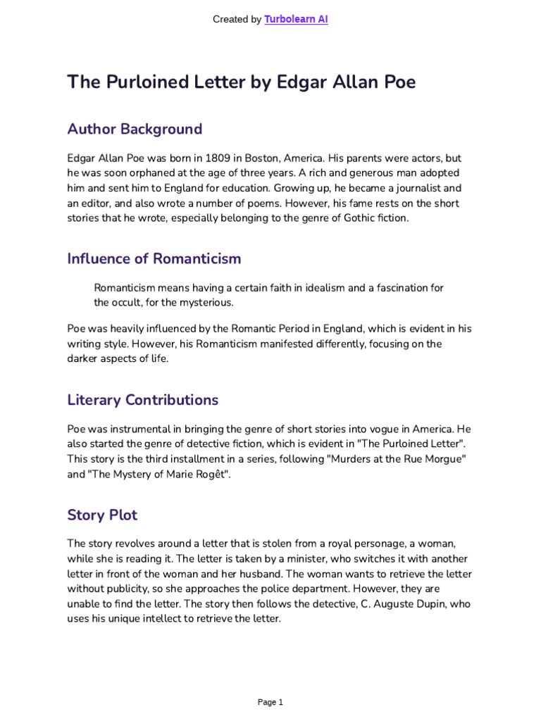 The Purloined Letter by Edgar Allan Poe, Turbolearn | PDF | C. Auguste ...