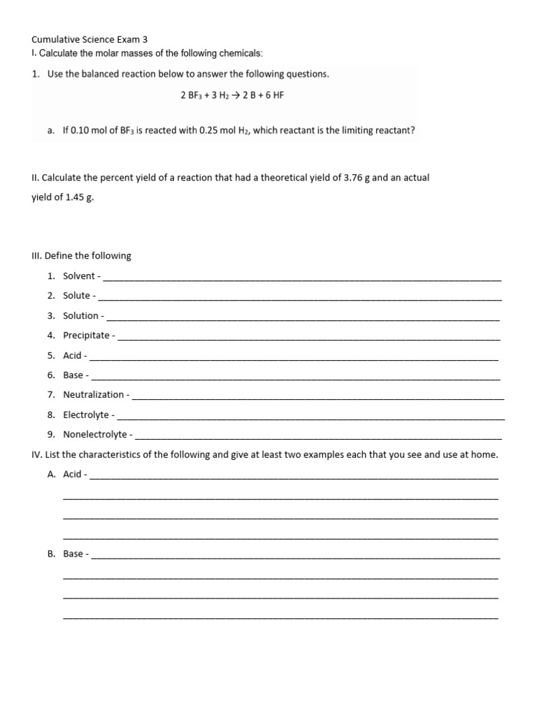 Cumulative Science Exam: Chemistry Concepts | PDF