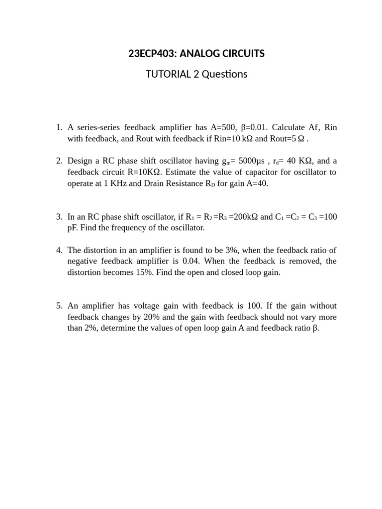 Analog Circuits Tutorial 2 Questions | PDF