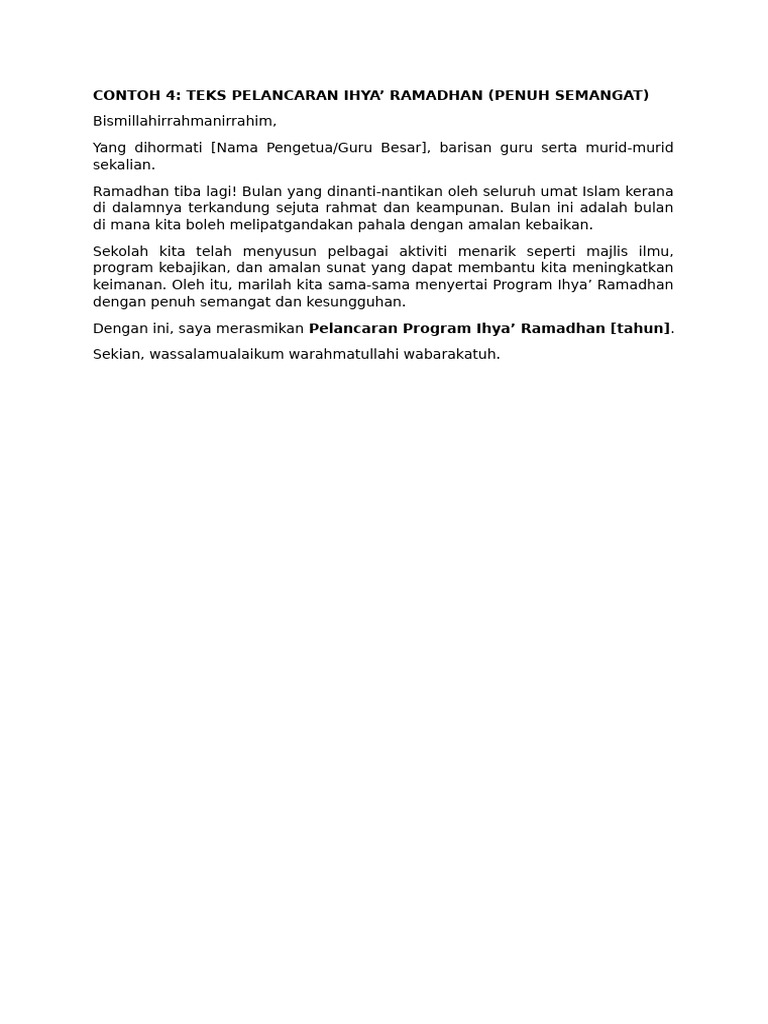 Contoh 4 Teks Pelancaran Ihya Ramadhan (Penuh Semangat) | PDF