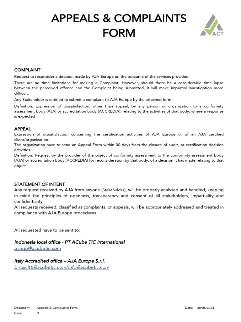 AJA Europe Appeals & Complaints Form | PDF | Audit | Justice