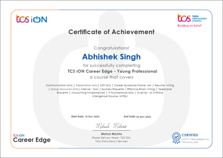 Abhishek - Singh TCS Young Certificate | PDF