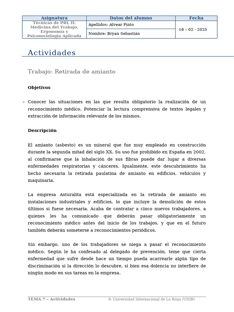 Alvear Bryan-Tprl2 t7 Act | PDF | Amianto | Seguridad y salud ocupacional