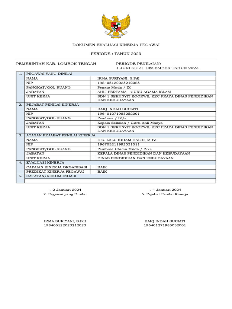 SKP DOKUMEN EVALUASI IRMA SURYANI TAHUN 2023 | PDF
