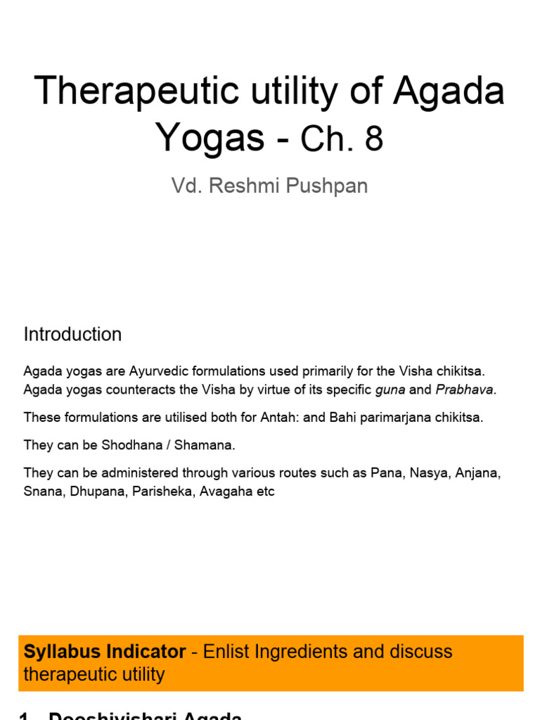 Therapeutic Uses of Agada Yogas | PDF